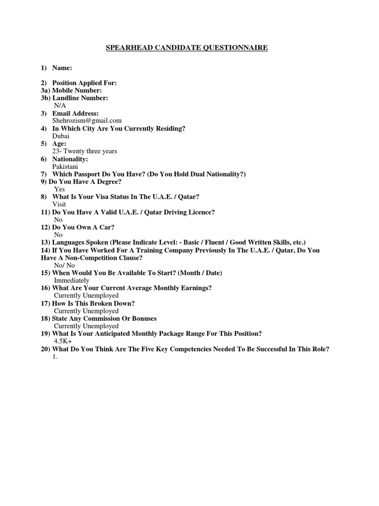 Spearhead Candidate Questionnaire Form | PDF | Career & Growth | Business