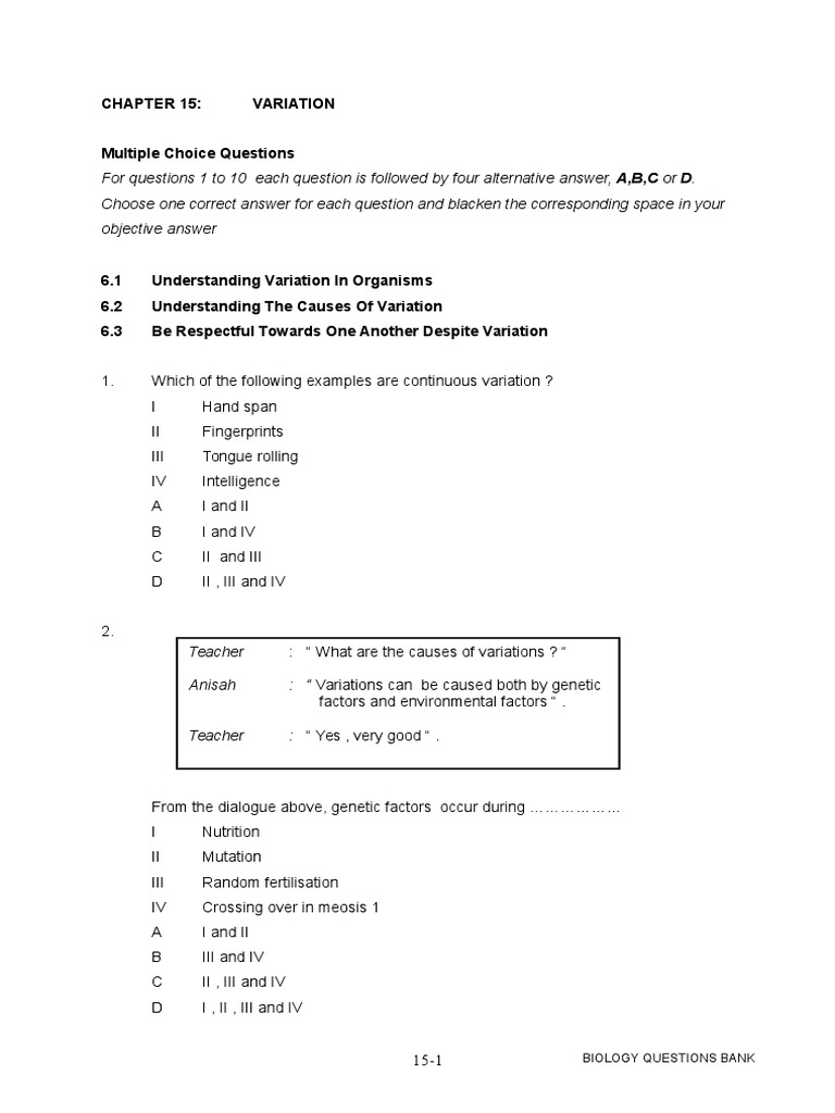 Variation: Biology Questions Bank | PDF | Genetic Variation | Genetics