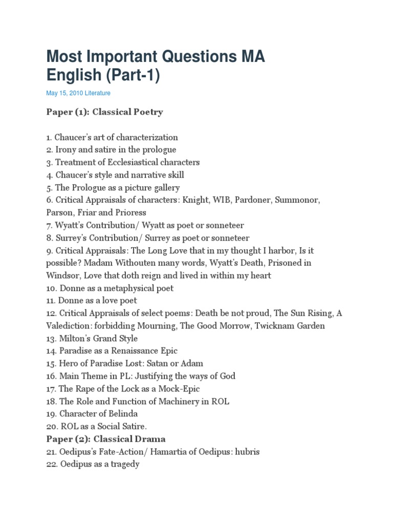 Most Important Question (MA English) | Tragedy | Paradise Lost