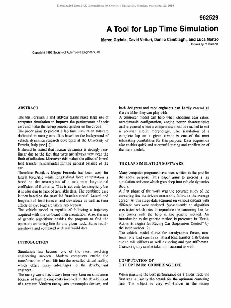 A Tool For Lap Time Simulation | PDF | Computer Simulation | Tire