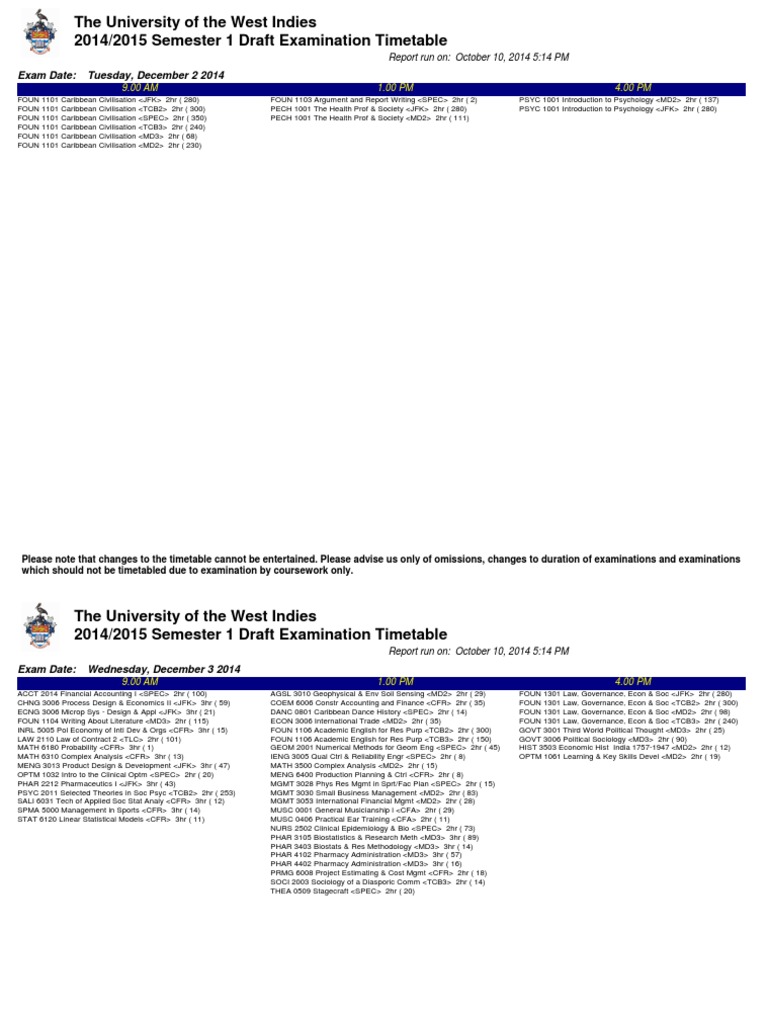 UWI Exam Timetable Draft 1.1 | PDF | Teaching Mathematics | Engineering