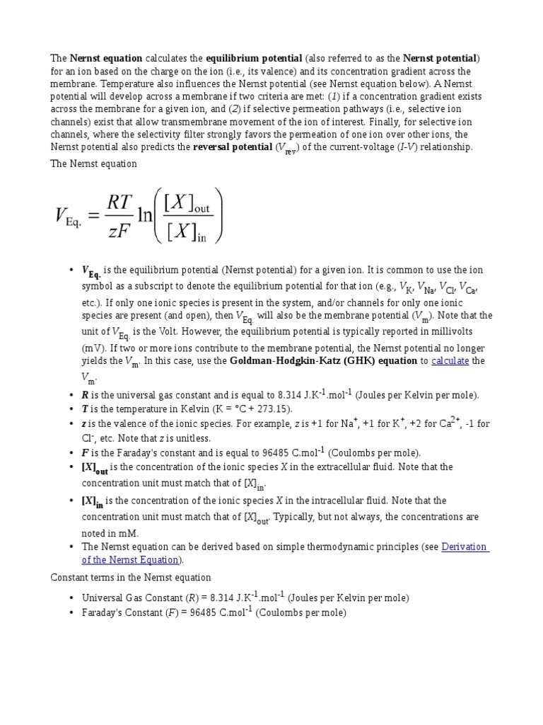 Nernst Equation PDF | PDF | Membrane Potential | Ion