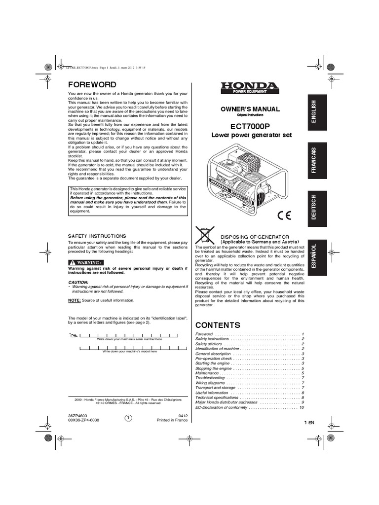 Handleiding en Instructieboekje Honda ECT7000P Aggregaat - Engels | PDF | Gasoline | Electrical ...