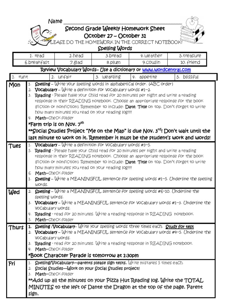 Name - Second Grade Weekly Homework Sheet October 27 - October 31 | PDF ...