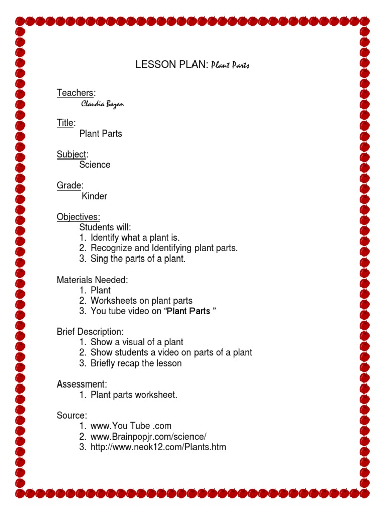 Plant Parts Lesson Plan for Kindergarten | PDF | Science & Mathematics