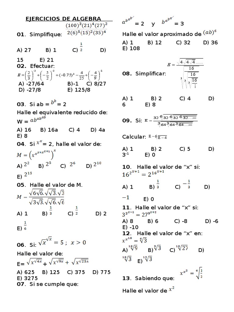 Ejercicios de Algebra EJERCICIOS DE ALGEBRA | PDF | Métodos y materiales de enseñanza | Tecnología