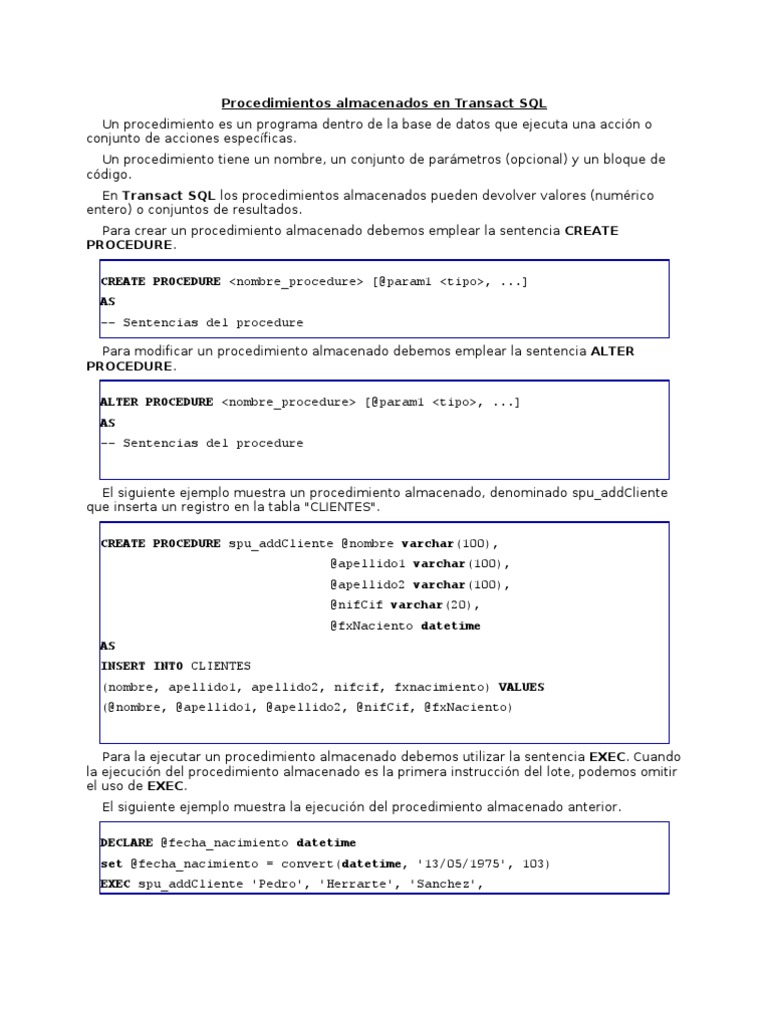 Procedimientos en Transact SQL | PDF | SQL | Gestión de tecnología de ...