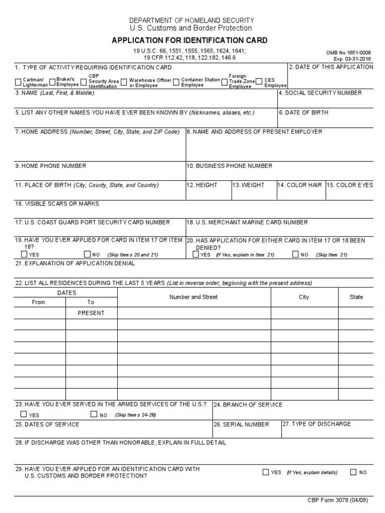 Application for Customs and Border Protection Identification Card: A ...