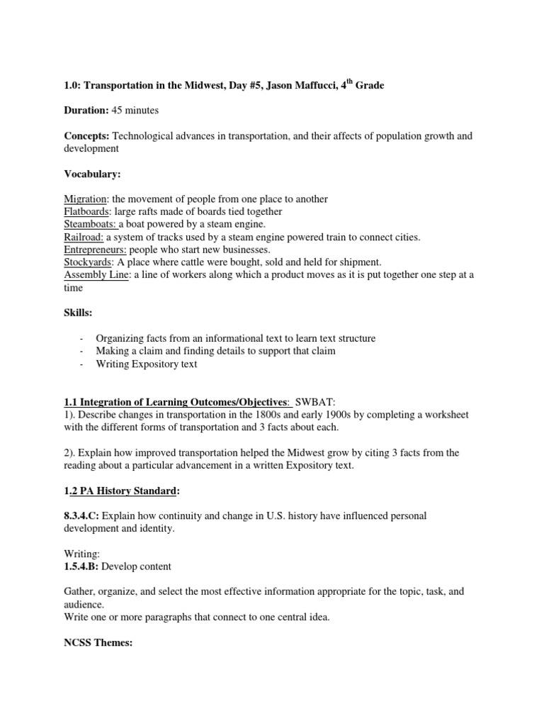 Day 5 Lesson Plan Transportation in The Midwest | PDF | Educational ...