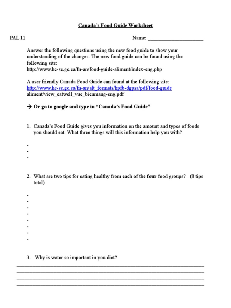 Canada’s Food Guide Worksheet Activities | PDF | Business | Wellness