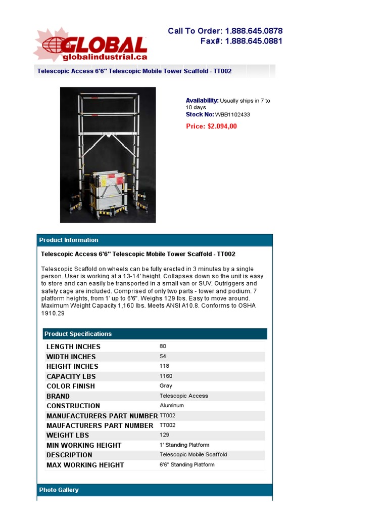 Call To Order: 1.888.645.0878 Fax#: 1.888.645.0881: Telescopic Access 6 ...