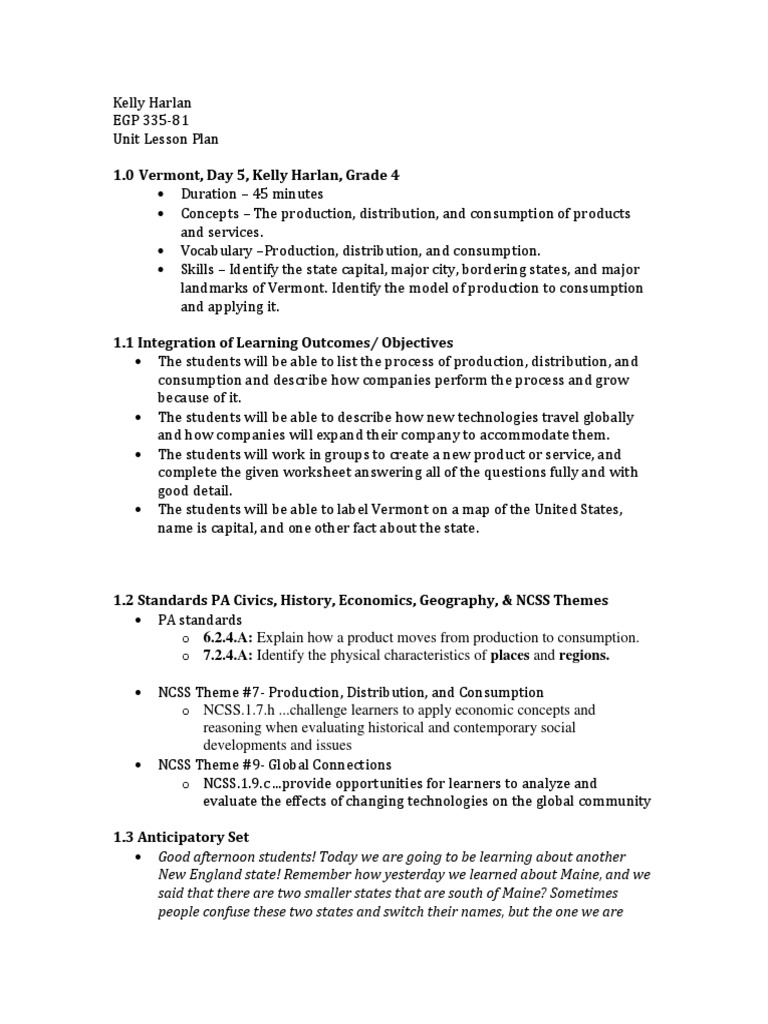 Unit Plan Lesson - Vermont | PDF | Coffee | Cognition