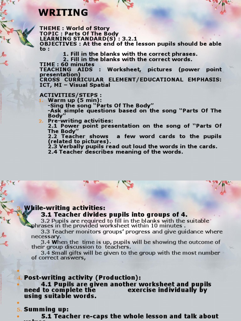 Year 4 Writing Lesson Plan: Body Parts | PDF
