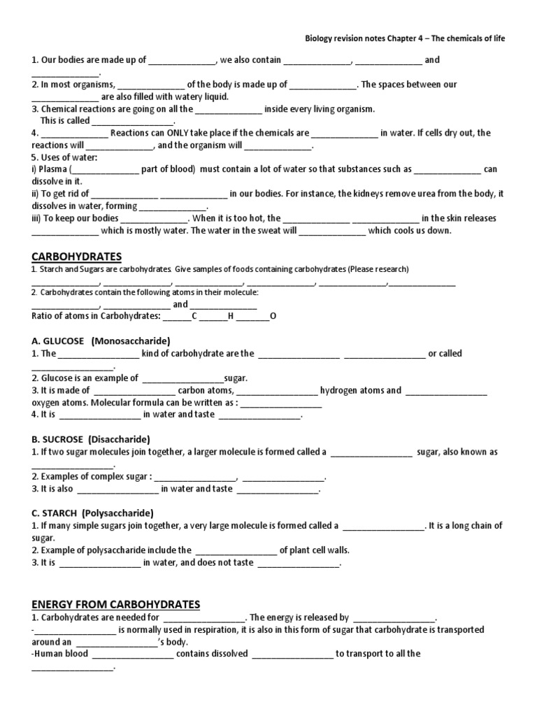 IGCSE Biology Revision Notes Chapter 4 | PDF | Carbohydrates | Fat