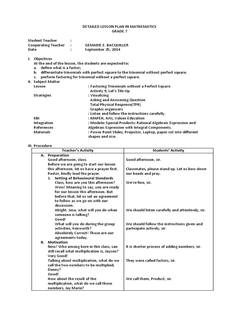 Detailed Lesson Plan in Mathematics | PDF | Rectangle | Lesson Plan