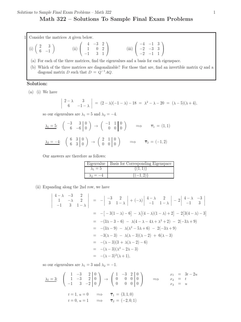 Math 322 - Solutions To Sample Final Exam Problems: Solution | PDF | Eigenvalues And ...