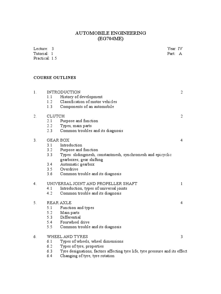 Automobile Engineering (EG704ME) : Course Outlines | PDF | Transmission ...