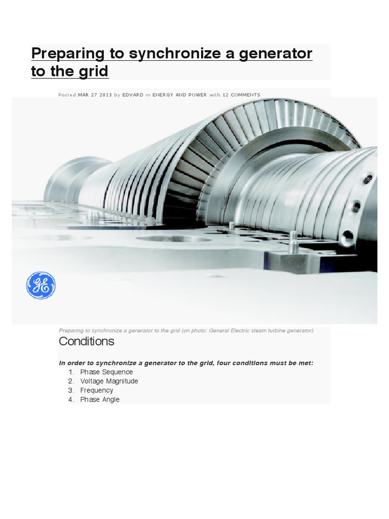 Preparing To Synchronize A Generator To The Grid | PDF | Electric Generator | Electrical Grid