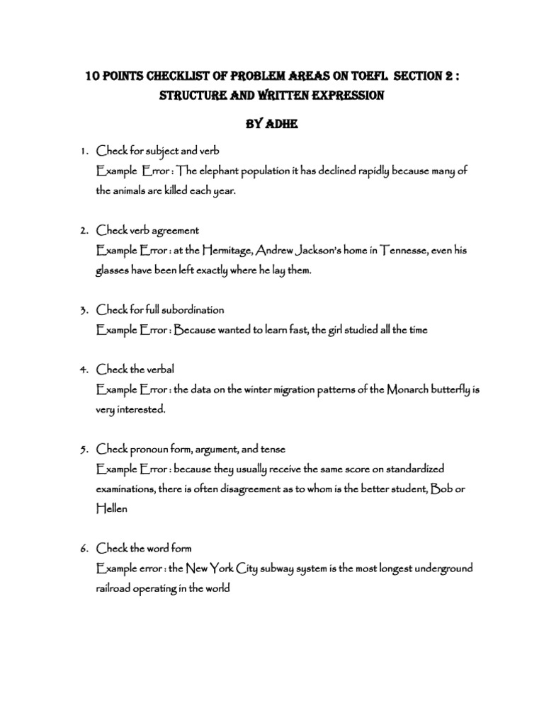 10 Points Checklist of Problem Areas On TOEFL Section 2 | PDF | Verb ...