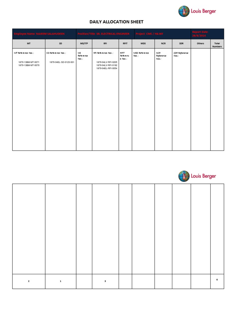 Daily Allocation Sheet: Sr. Electrical Engineer | PDF