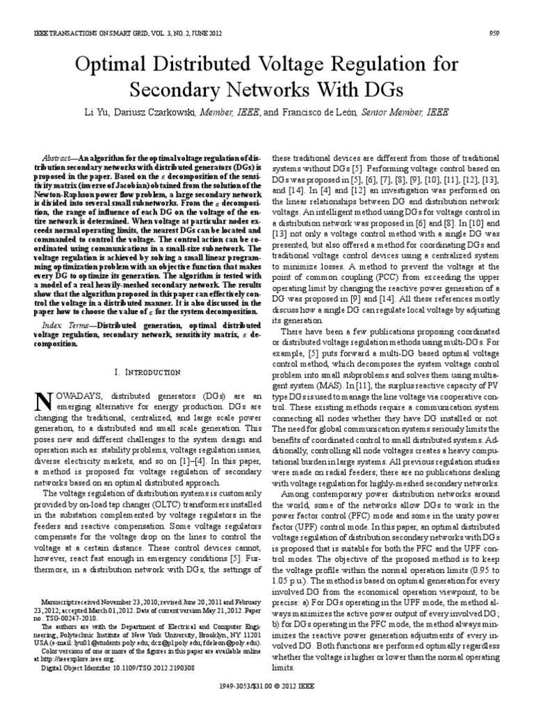 Optimal Distributed Voltage Regulation For Secondary Networks With Dgs | PDF | Matrix ...