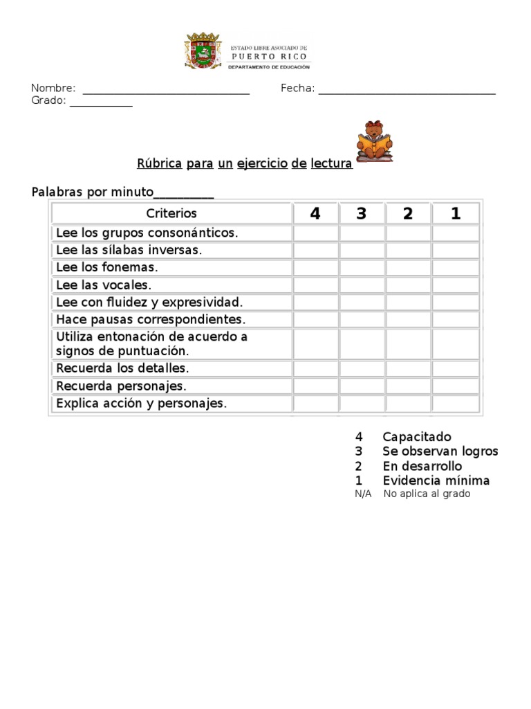 Rubrica para Ejercicios de Lectura y Escritura 2 | PDF