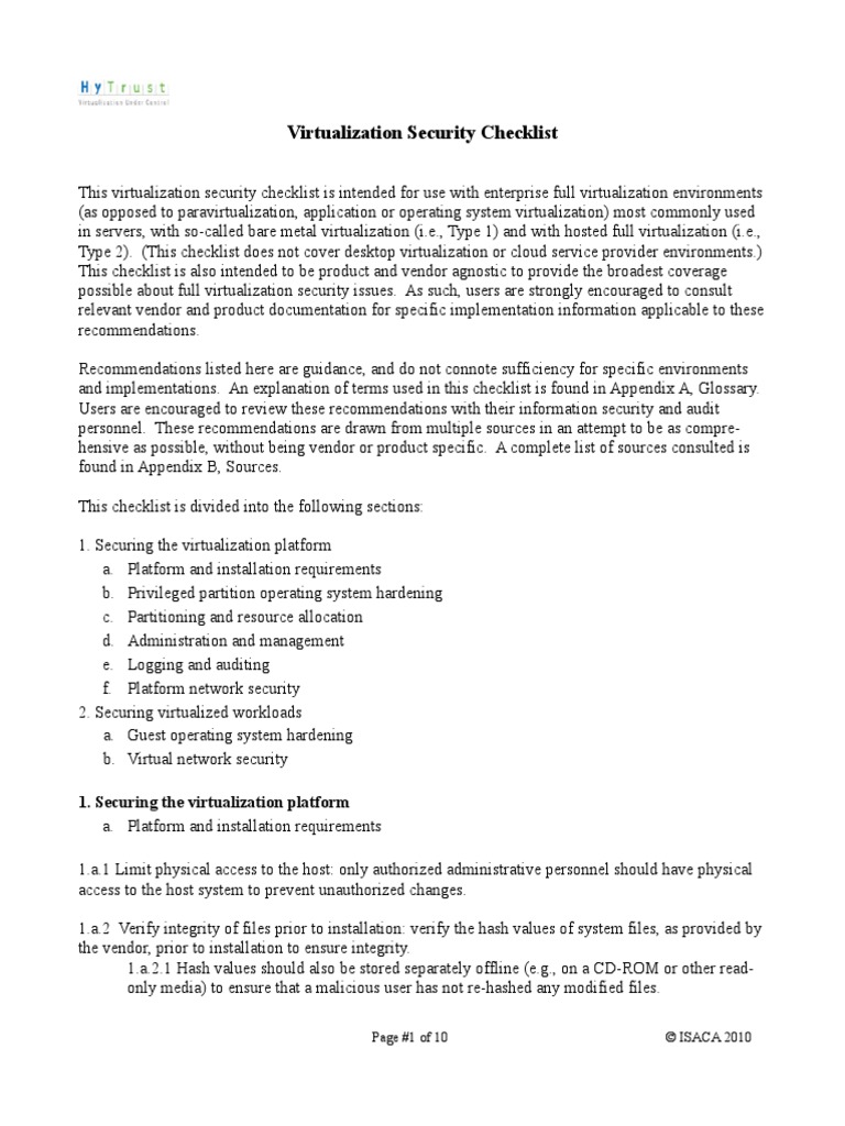 Virtualization Security Checklist 26oct2010 Research | PDF