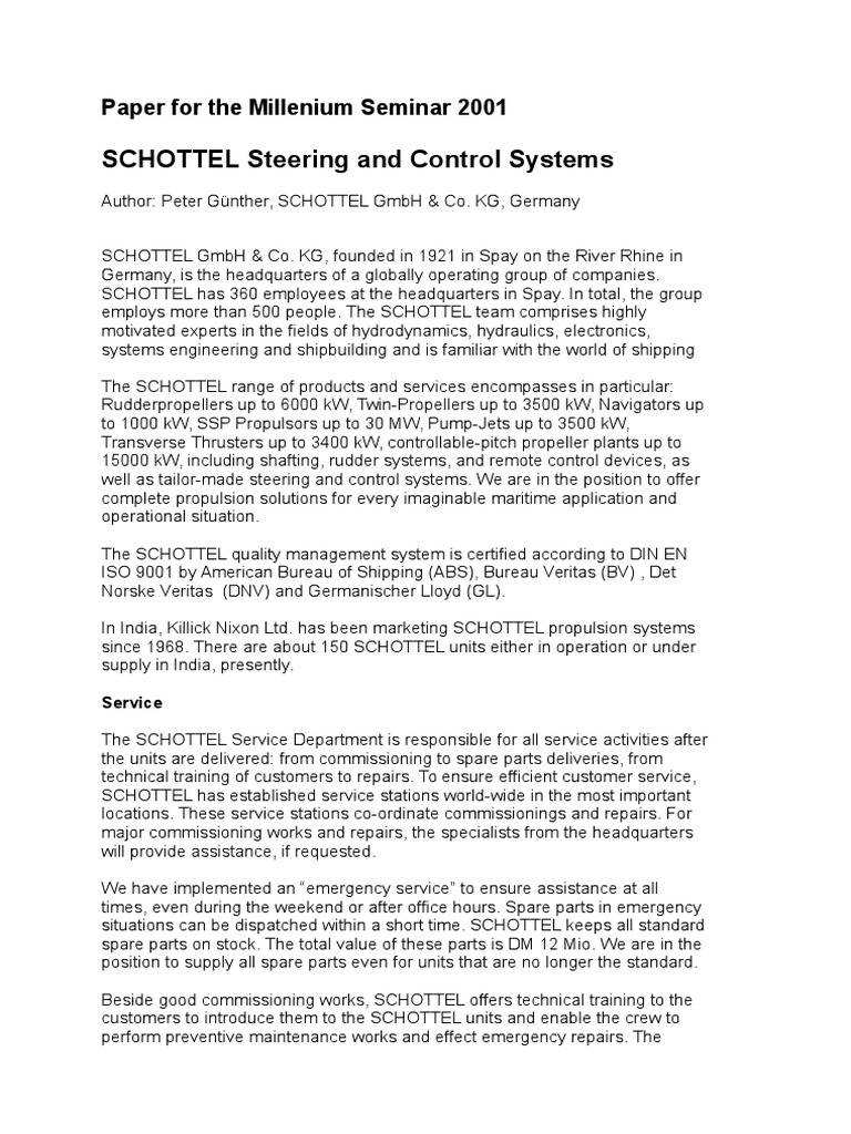 SCHOTTEL Steering and Control Systems: Paper For The Millenium Seminar ...