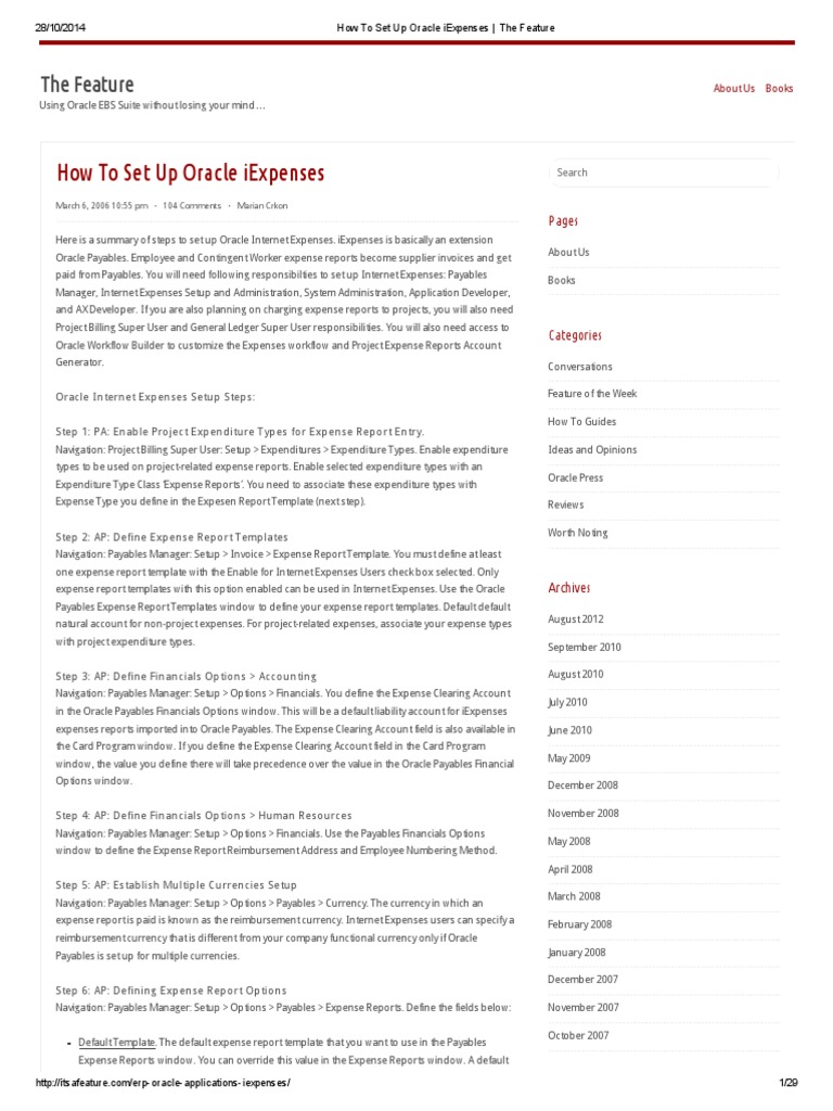 How To Set Up Oracle IExpenses - The Feature | PDF | Accounts Payable | Computing