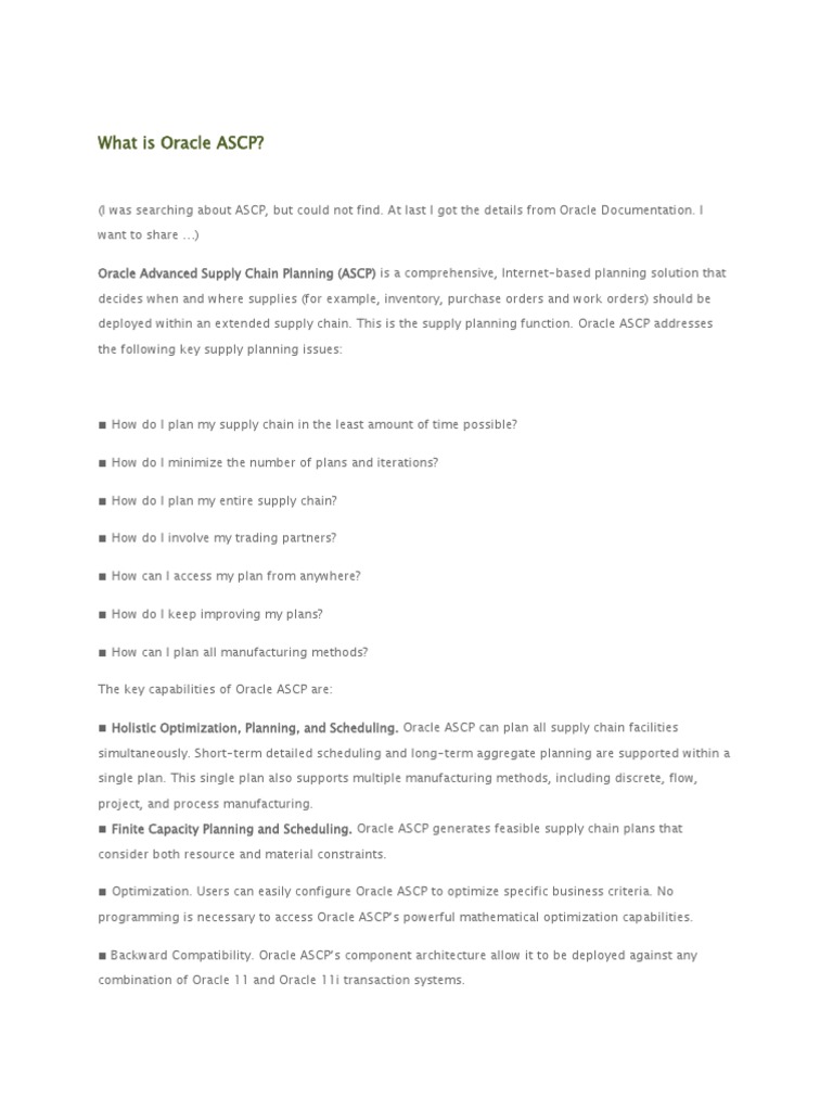 What Is Oracle ASCP | PDF | Scheduling (Production Processes) | Supply ...