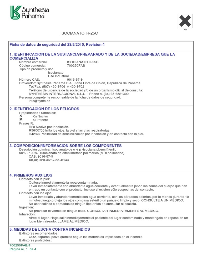 Ficha de Seguridad Isocianato H-25C | PDF | Dióxido de carbono | Agua