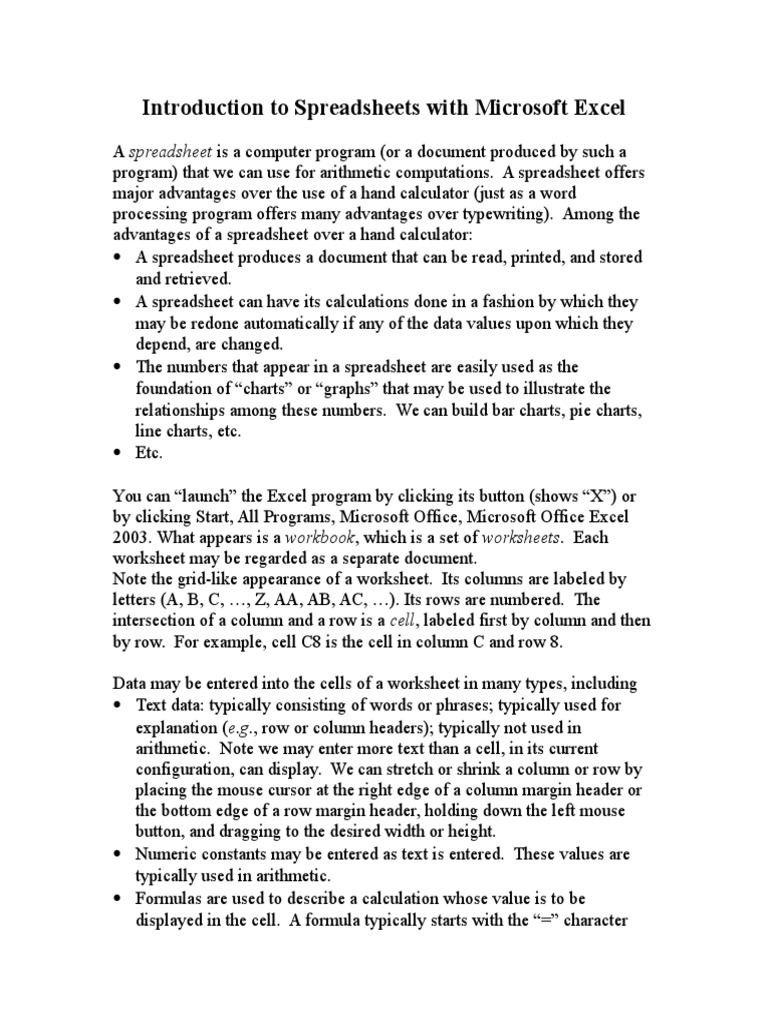 Introduction To Spreadsheets With Microsoft Excel | PDF | Spreadsheet ...
