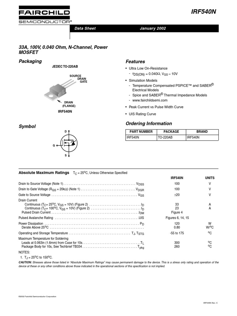 IRF540N: 33A, 100V, 0.040 Ohm, N-Channel, Power Mosfet Packaging ...