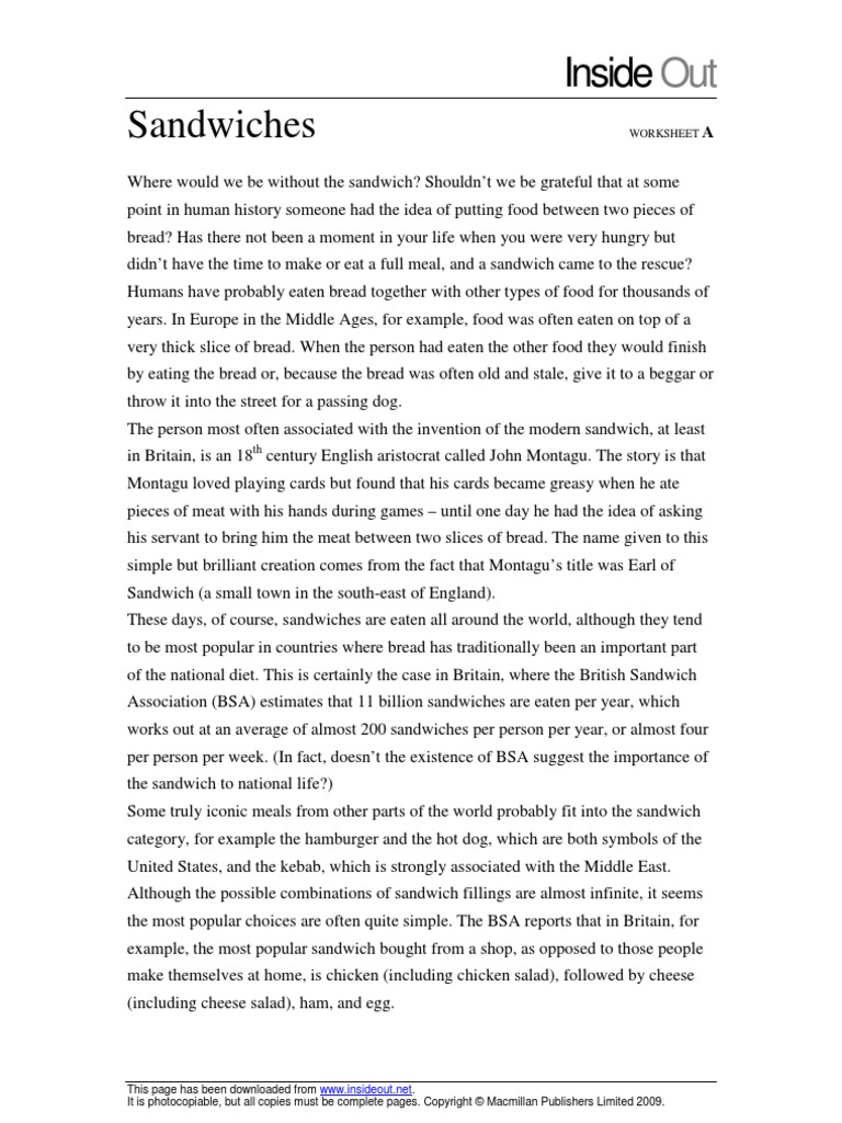 Inside Sandwiches: Worksheet | PDF | Sandwich | Western Cuisine