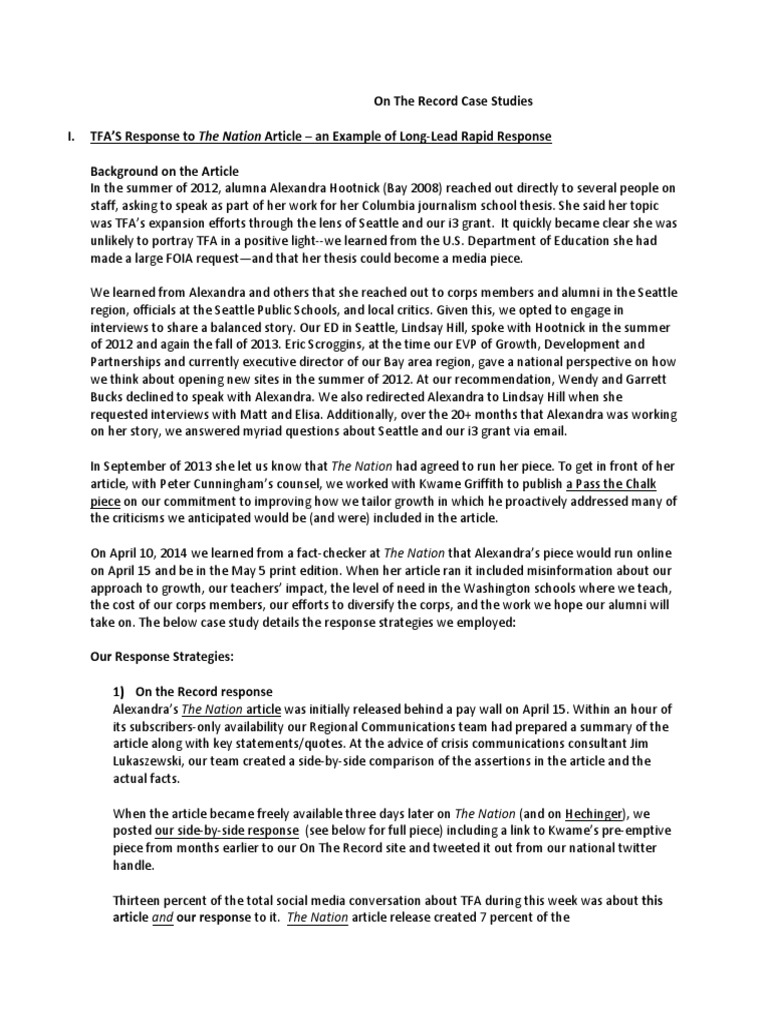Case Study: TFA Responding To Bad PR | PDF | Communication | Teaching And Learning