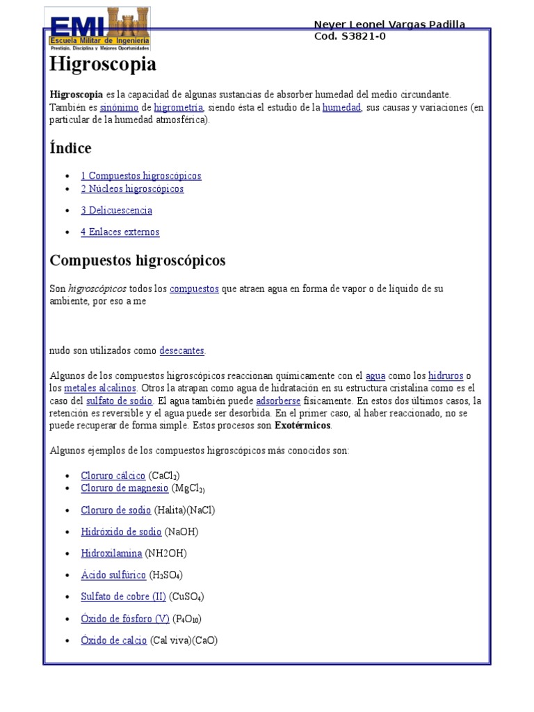 Higroscopia: Absorción de Humedad | PDF | Elementos químicos | Química