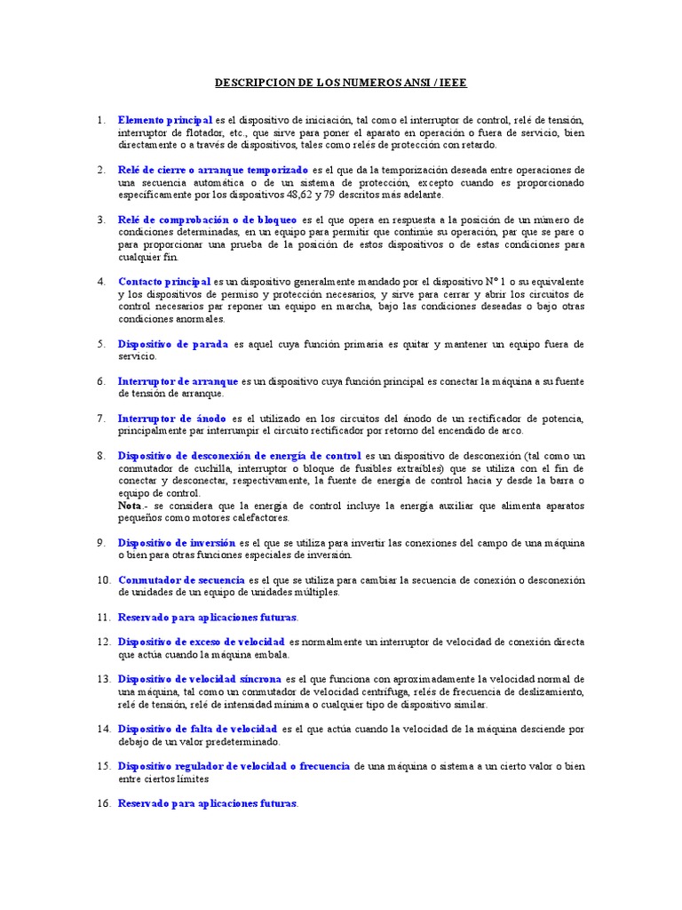 Números ANSI/IEEE en Dispositivos Eléctricos | PDF | Relé | Transformador