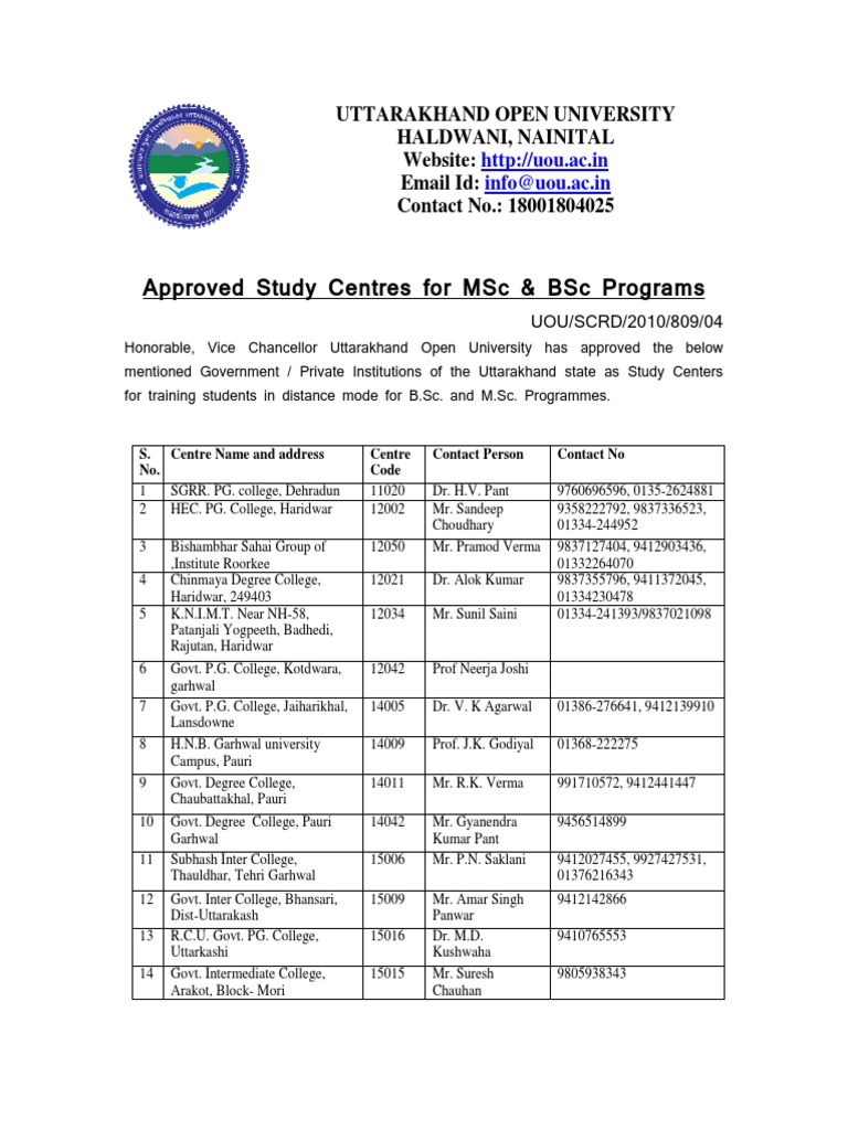 Study Centers for MSc & BSc Programs | PDF