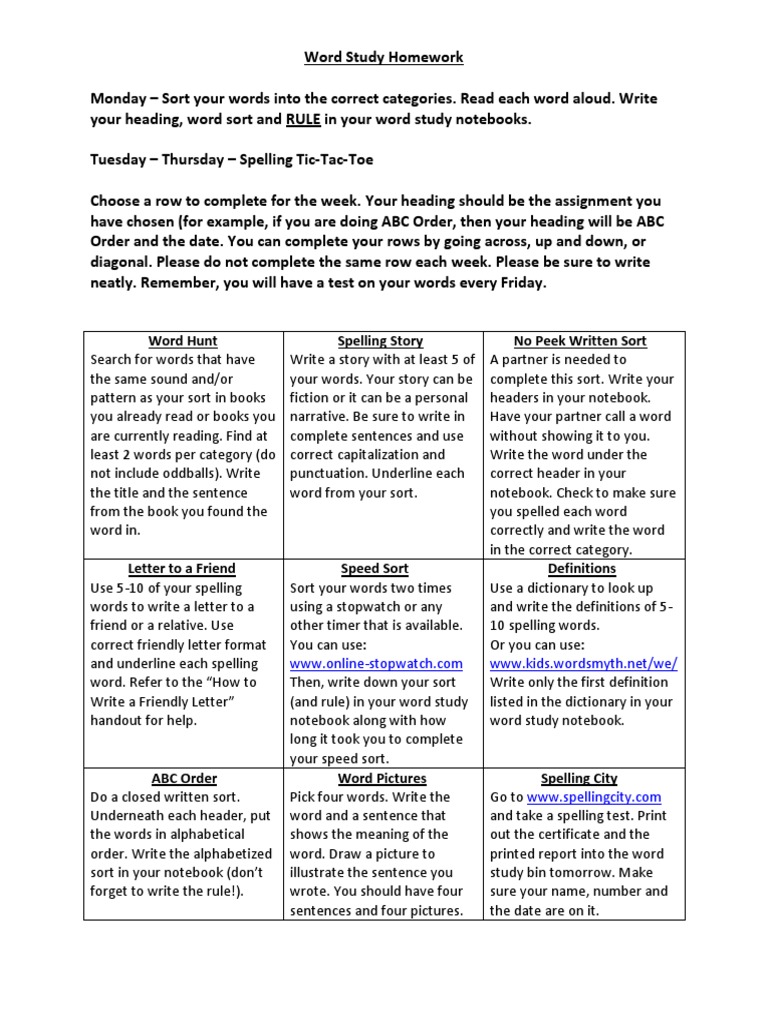 Word Study Tic Tac Toe Sheet | PDF | Spelling | Dictionary