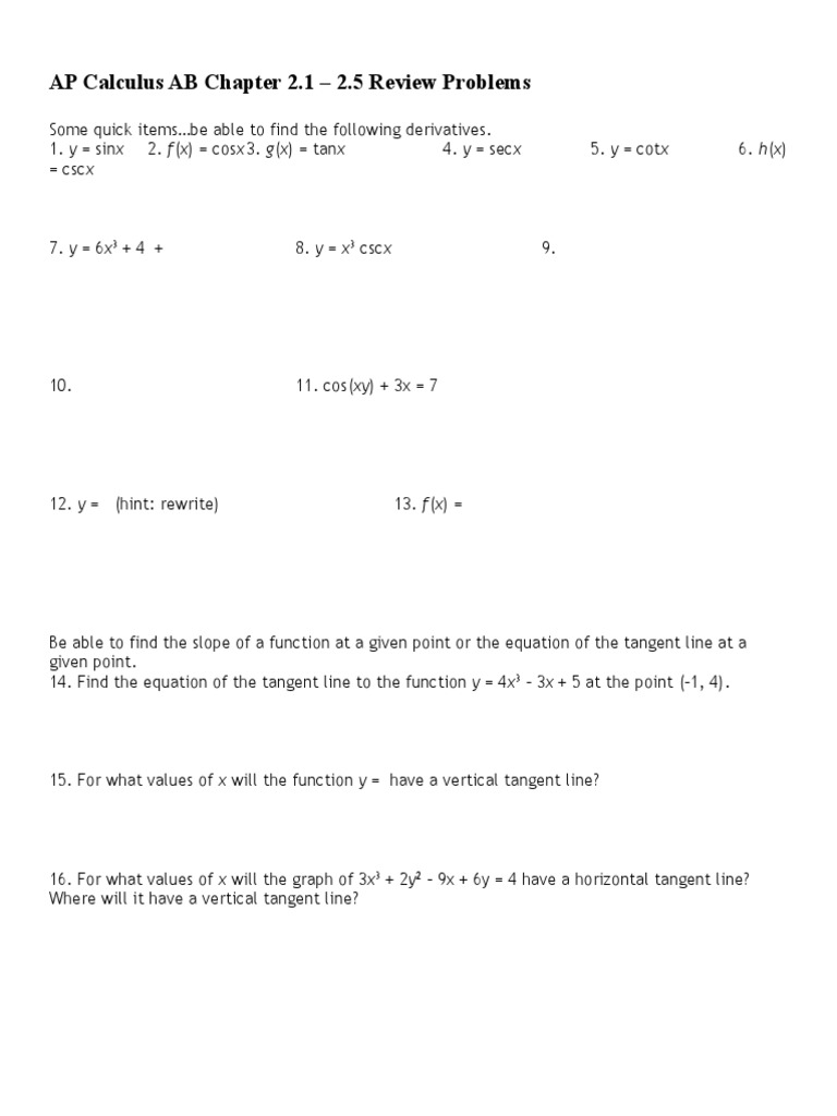 AP Calculus AB Chapter 2.1 - 2.5 Review Problems | PDF | Teaching ...