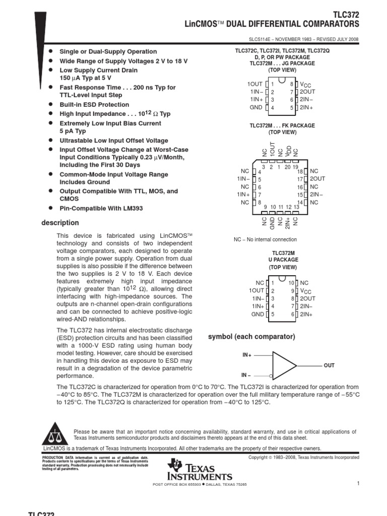Tlc372 Lincmos Dual Differential Comparators | PDF | Electrostatic ...