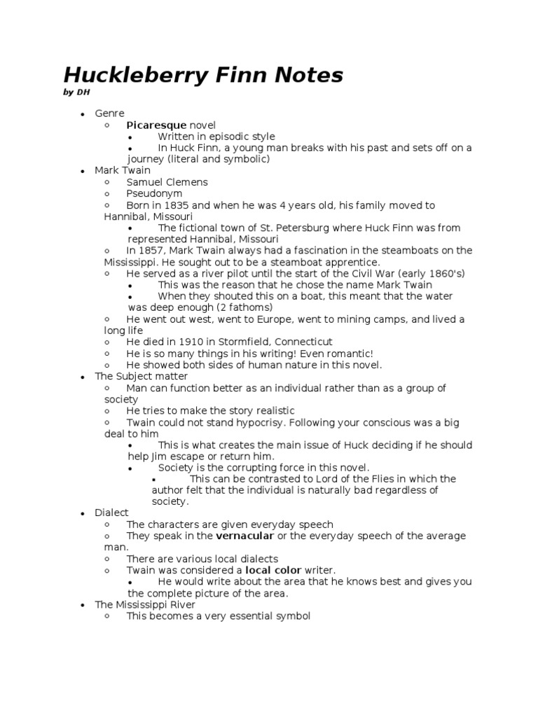 Huckleberry Finn Notes | PDF | Huckleberry Finn | Mark Twain