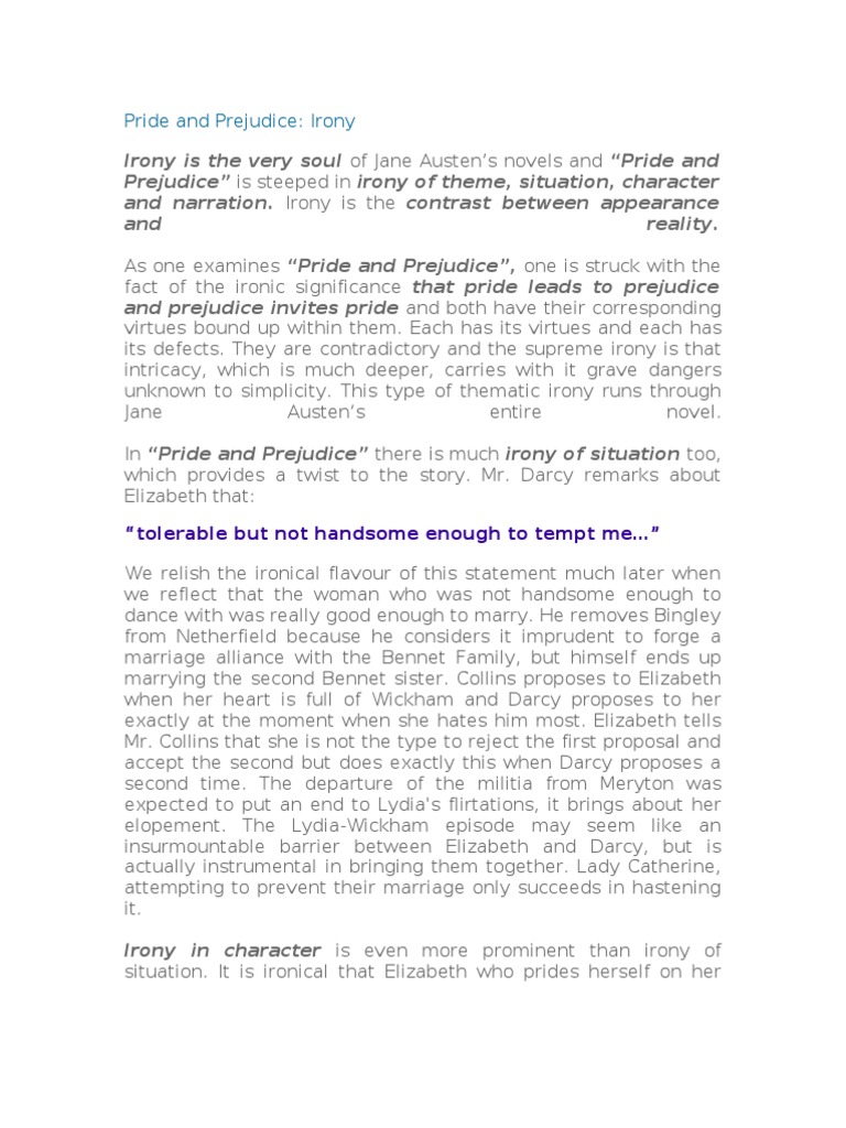 Pride and Prejudice: Irony Irony Is The Very Soul of | PDF | Pride And ...