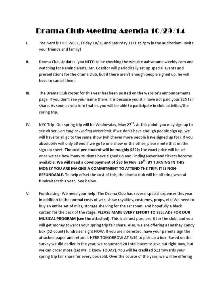 Drama Club Meeting Agenda 10-29 | PDF | Performing Arts | Theatre