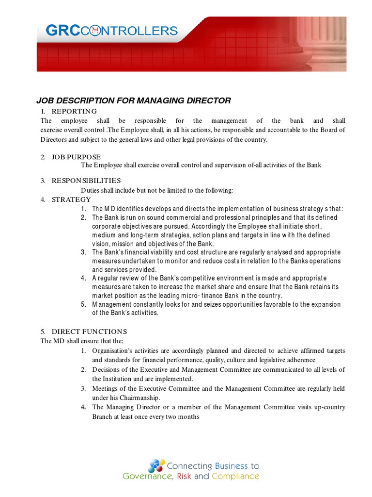 Job Description of Managing Director | PDF | Chief Executive Officer ...