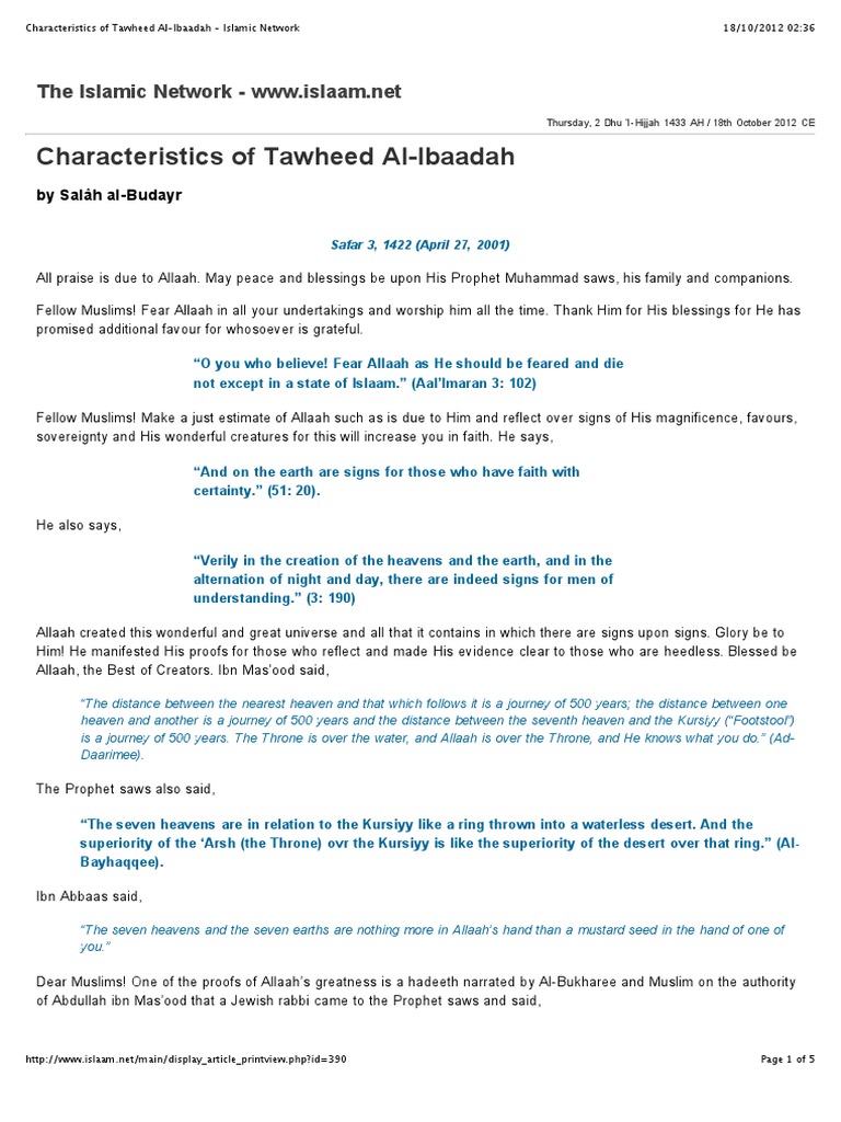 Characteristics of Tawheed Al-Ibaadah - Islamic Network | PDF | Tawhid ...