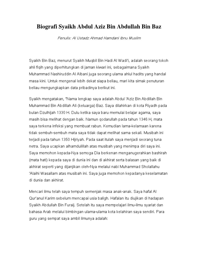 Biografi Syaikh Abdul Aziz Bin Abdullah Bin Baz | PDF