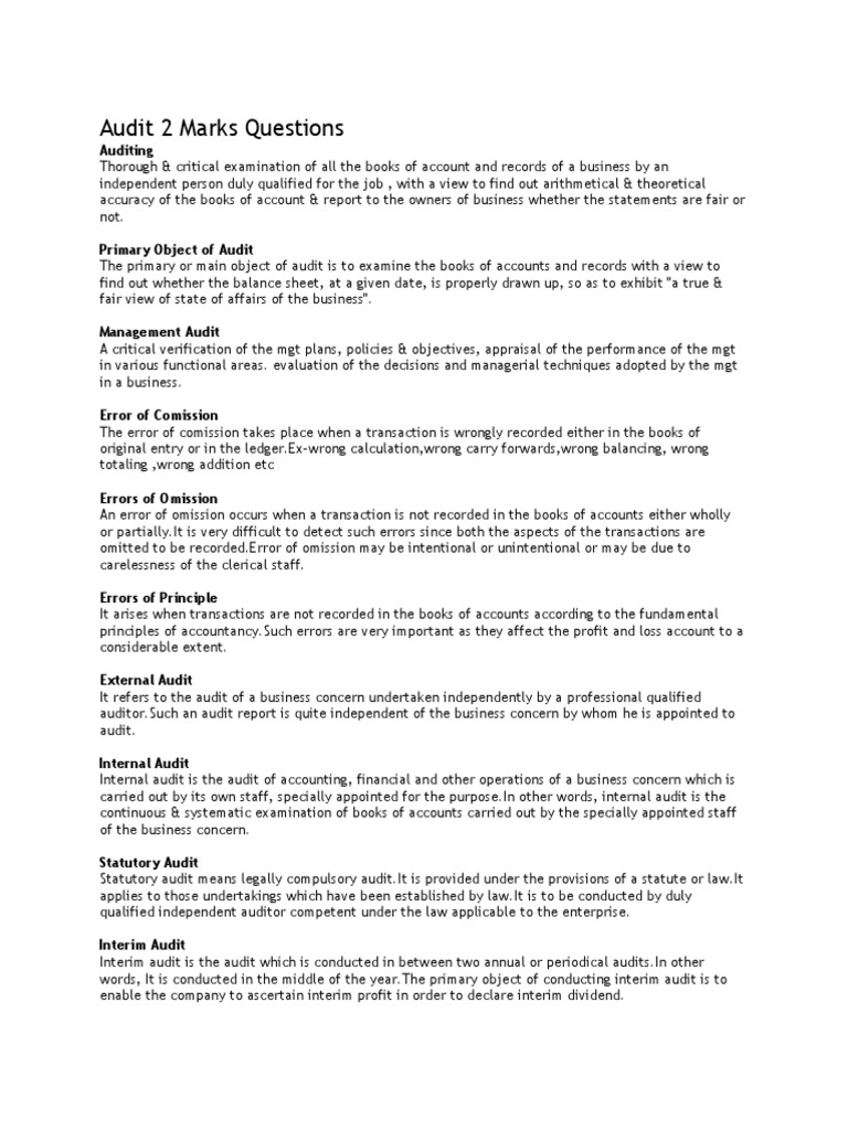 Audit 2 Marks Questions | PDF | Financial Audit | Audit
