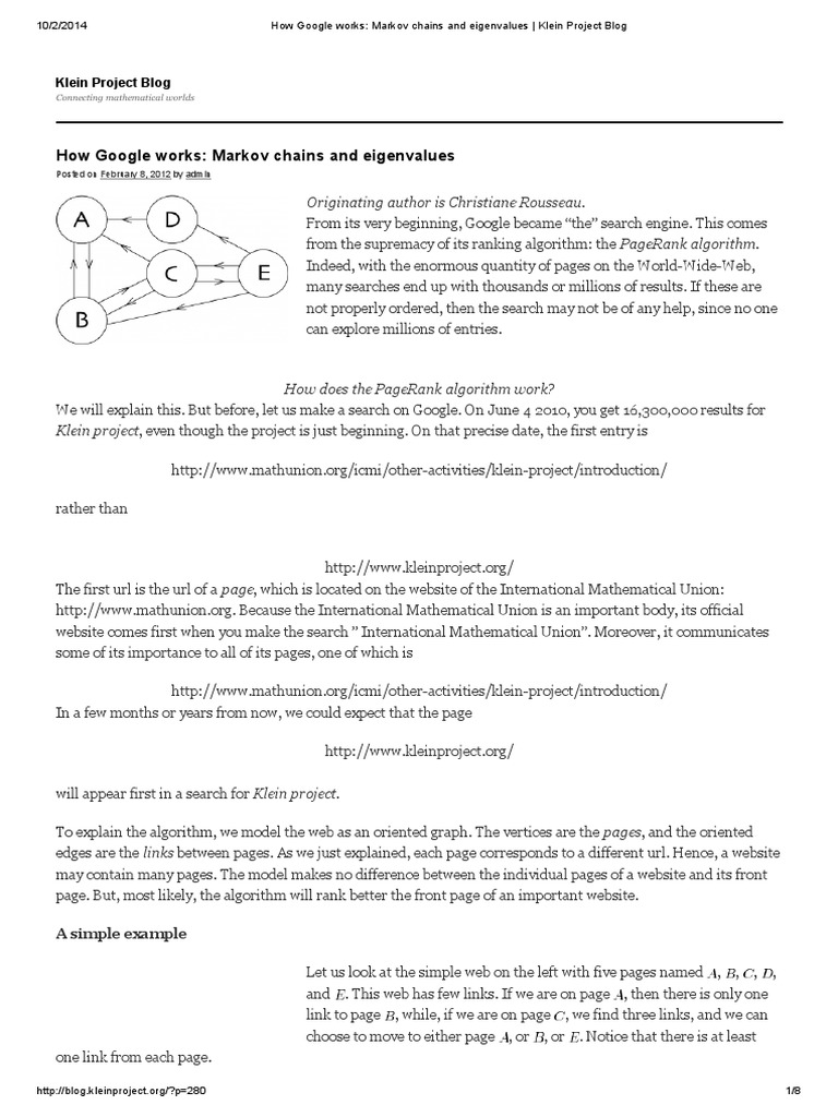 How Google Works - Markov Chains and Eigenvalues - Klein Project Blog ...