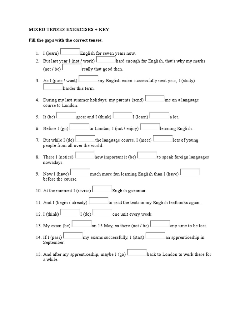 Mixed Tenses Exercises English Language Linguistic Typology